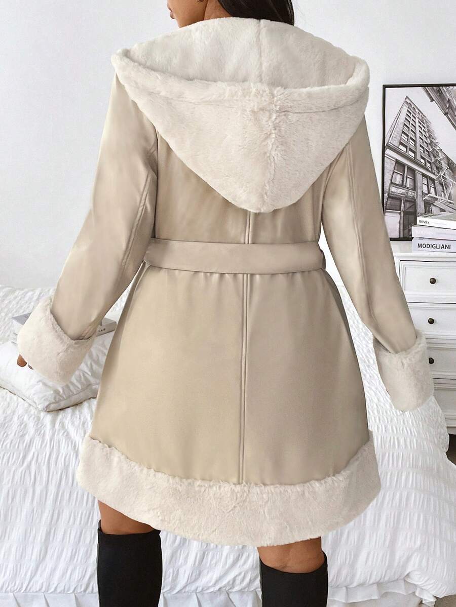 SHEIN Franclia Plus Size Casual Faux Fur Splice Hooded Jacket, Autumn ...