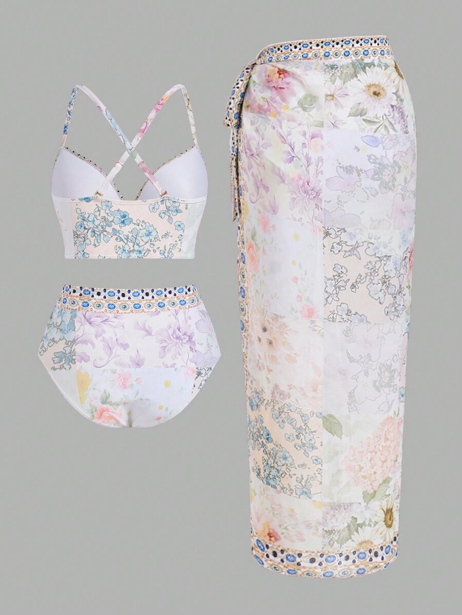 SHEIN Swim Oasis Women Floral Print Sexy Bikini Set With Cover-Up And ...