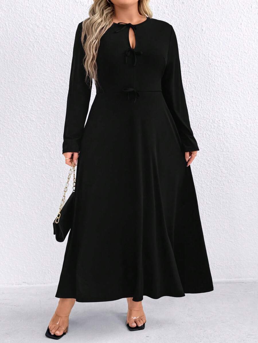 SHEIN Clasi Plus Size Black Fitted Long Sleeve Butterfly Detail Midi ...