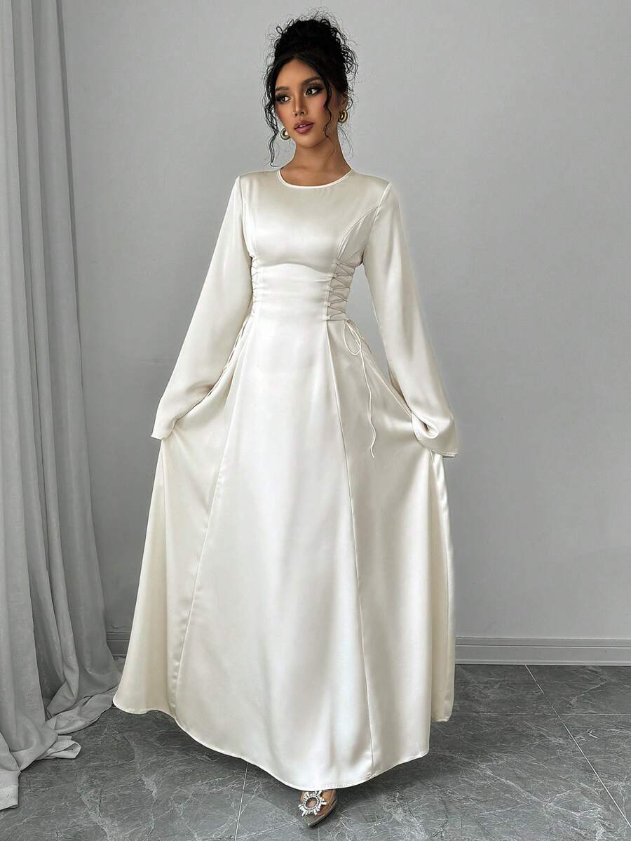 Elenzga Elegant Apricot A-Line Cinched Waist Flare Sleeve Dress Maxi ...