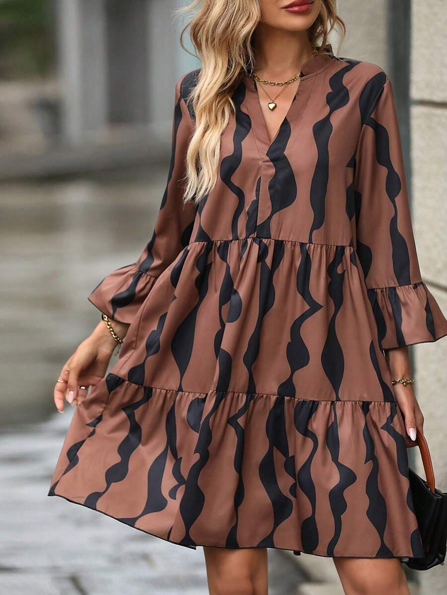 EMERY ROSE Allover Print Flare Sleeve Ruffle Hem Smock Dress | SHEIN USA