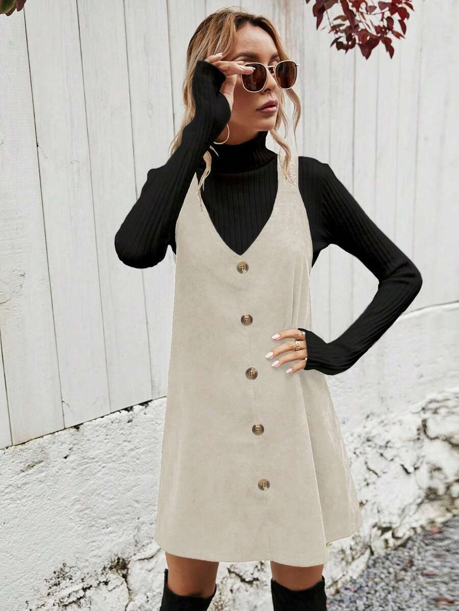 SHEIN LUNE Vestito casual in velluto a coste con cinturino, monopetto ...