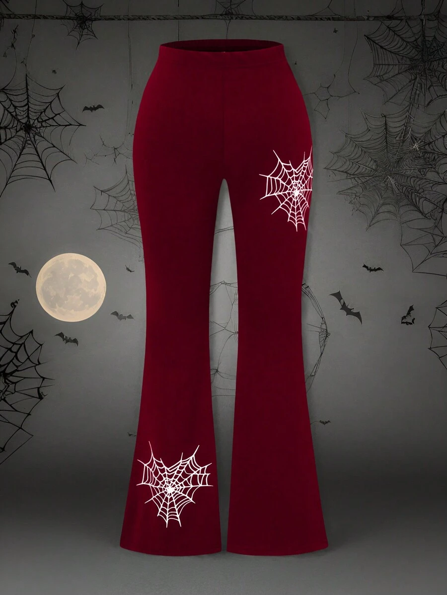 SHEIN LUNE Plus Size Halloween Spider Web Print Flare Pants | SHEIN USA
