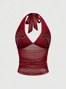 ROMWE Goth Cross Rhinestone Mesh Side Ruched Halter Top, For Carnival ...
