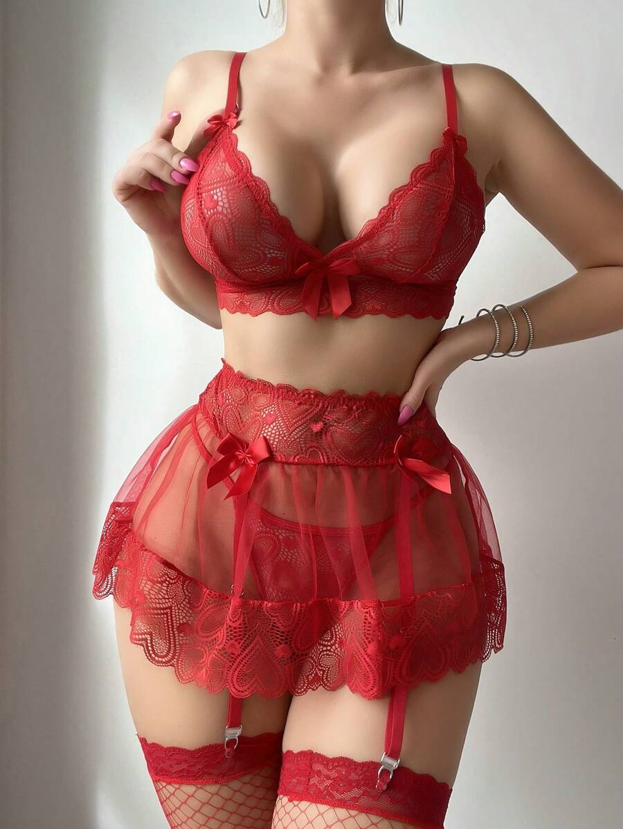 Conjunto de 5 piezas de lencería sexy para mujer con encaje y malla (Sujetador sin aros, tanga ...