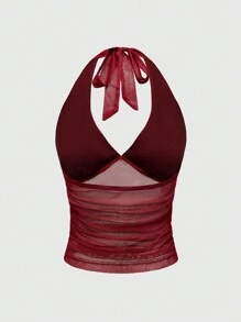 ROMWE Goth Cross Rhinestone Mesh Side Ruched Halter Top, For Carnival ...