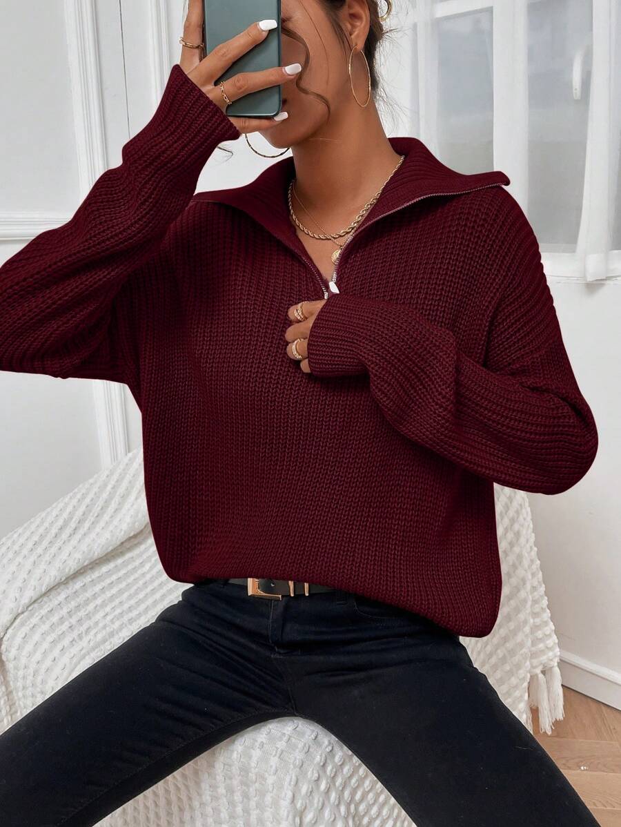 Chiquease Women Casual Solid Color Half Zipper Mock Neck Ribbed Knit ...