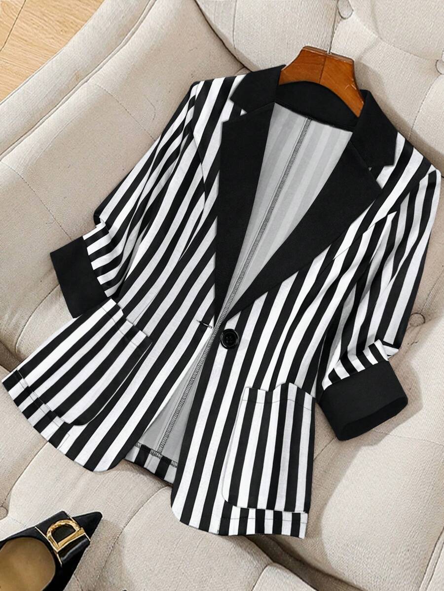 EMERY ROSE Women's Autumn/Winter Notched Collar Striped Color Block ...