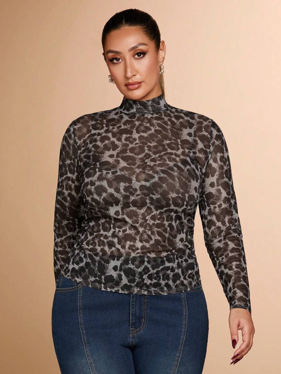 SHEIN BAE Plus Size Mock Neck Sheer Mesh Top Without Tube Leopard Print ...