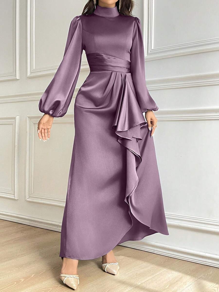 Modelyn 1pc Women's Solid Color Stand Collar Ruffle Hem Elegant Long Sleeve Dress Long Evening ...