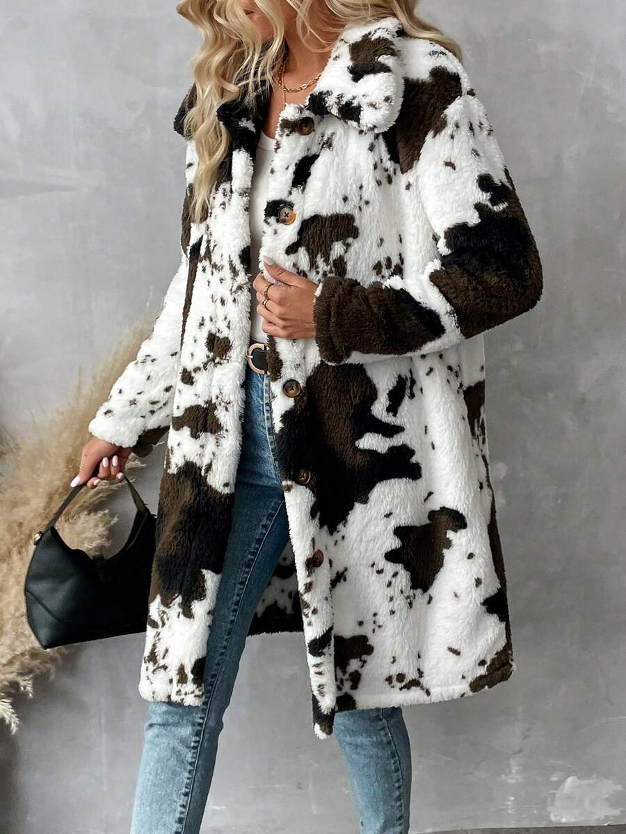 SHEIN Essnce White Fur Coat Cow Print Snow Season Cow Print Artificial ...