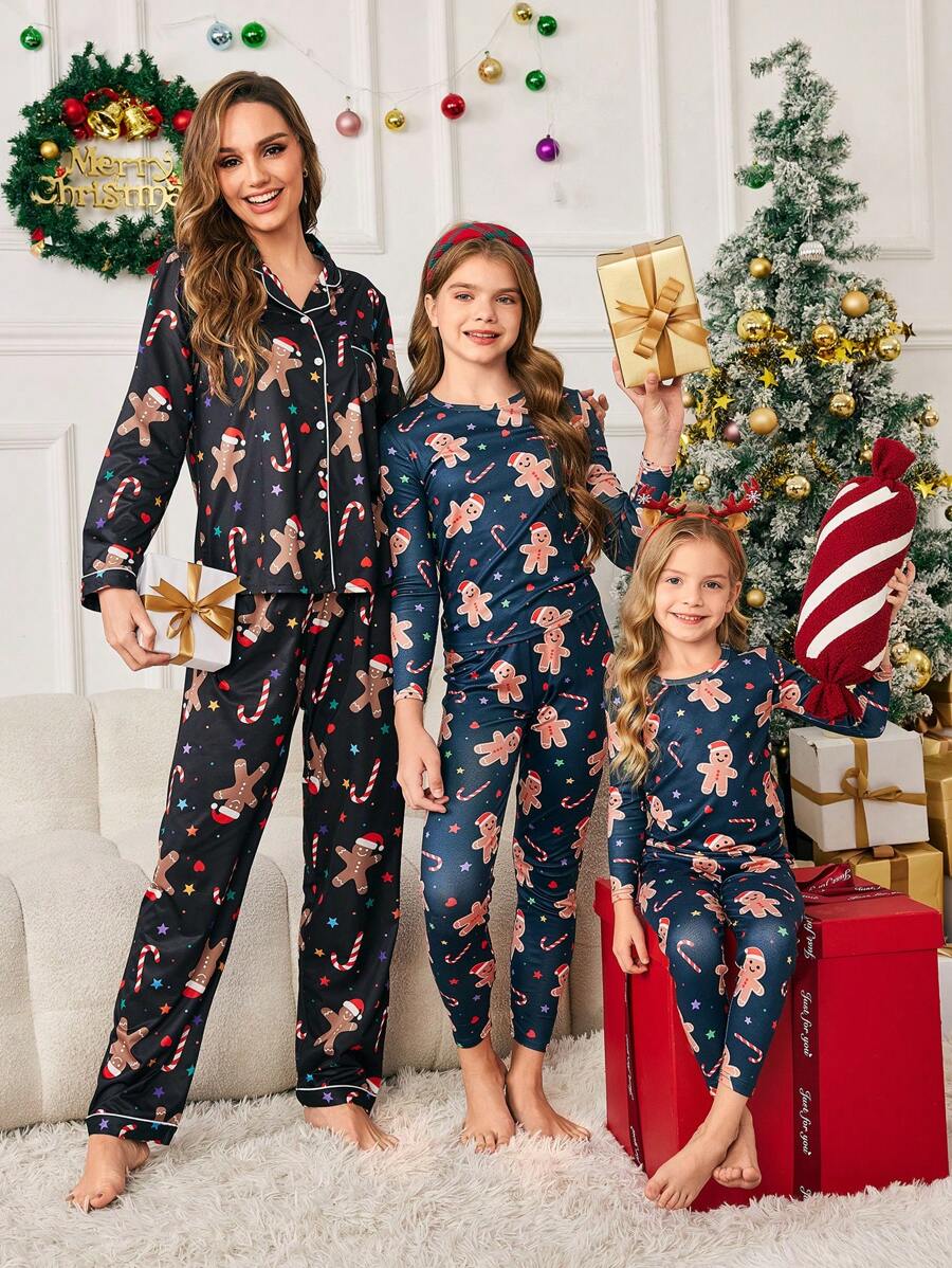 SHEIN Tween Girl Snug Fit Navy Blue Christmas Cute Gingerbread Man ...