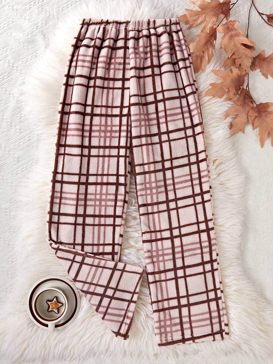 Plush Casual Plaid Print Long Cozy Pants, Autumn/Winter, For Fall ...