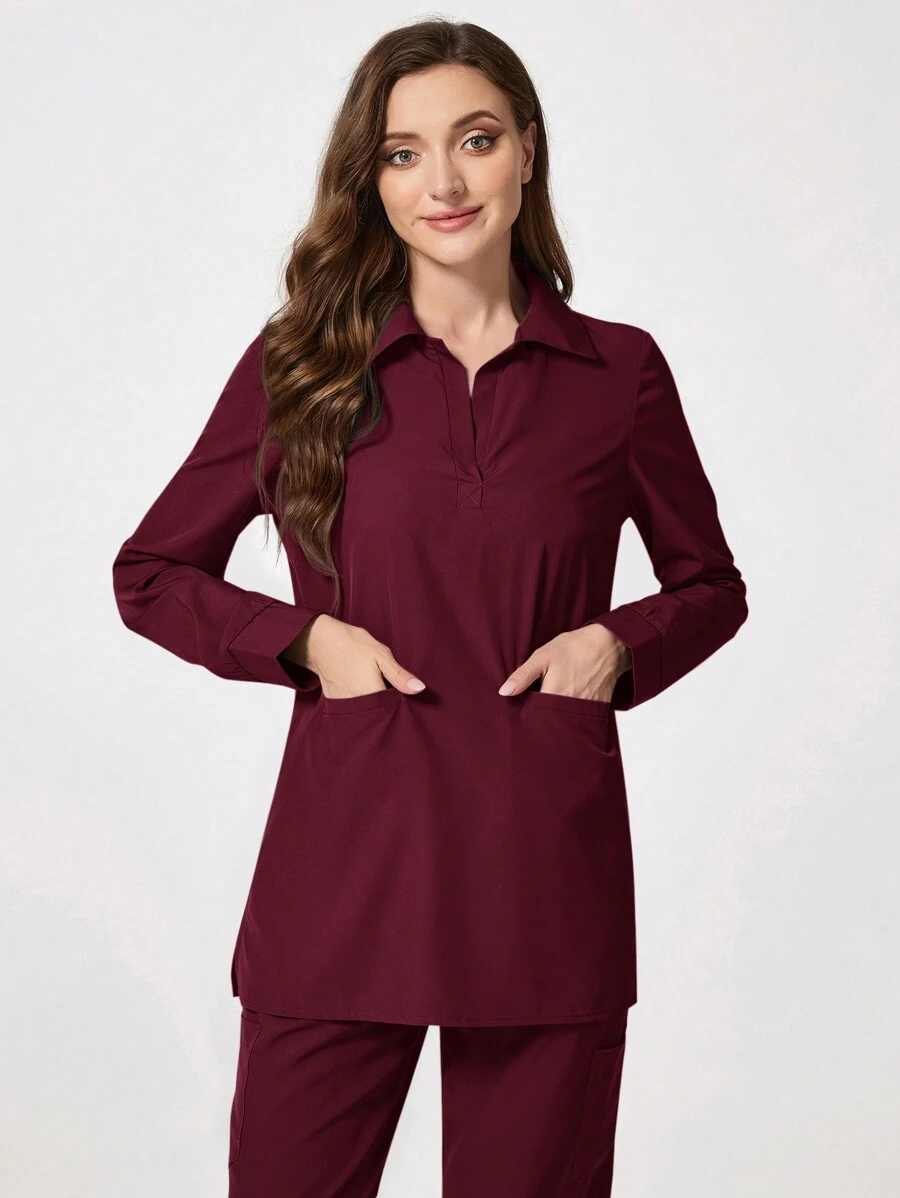TaskEZ 1pc Women's Solid Color Long Sleeve Pocket Work Scrub Uniform ...