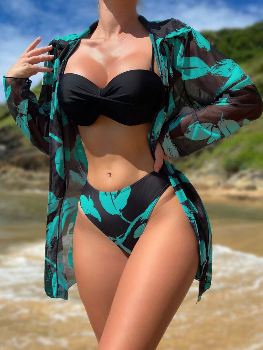 Summer Beach Solid Pleated Camisole & Allover Print Triangle Swimwear ...