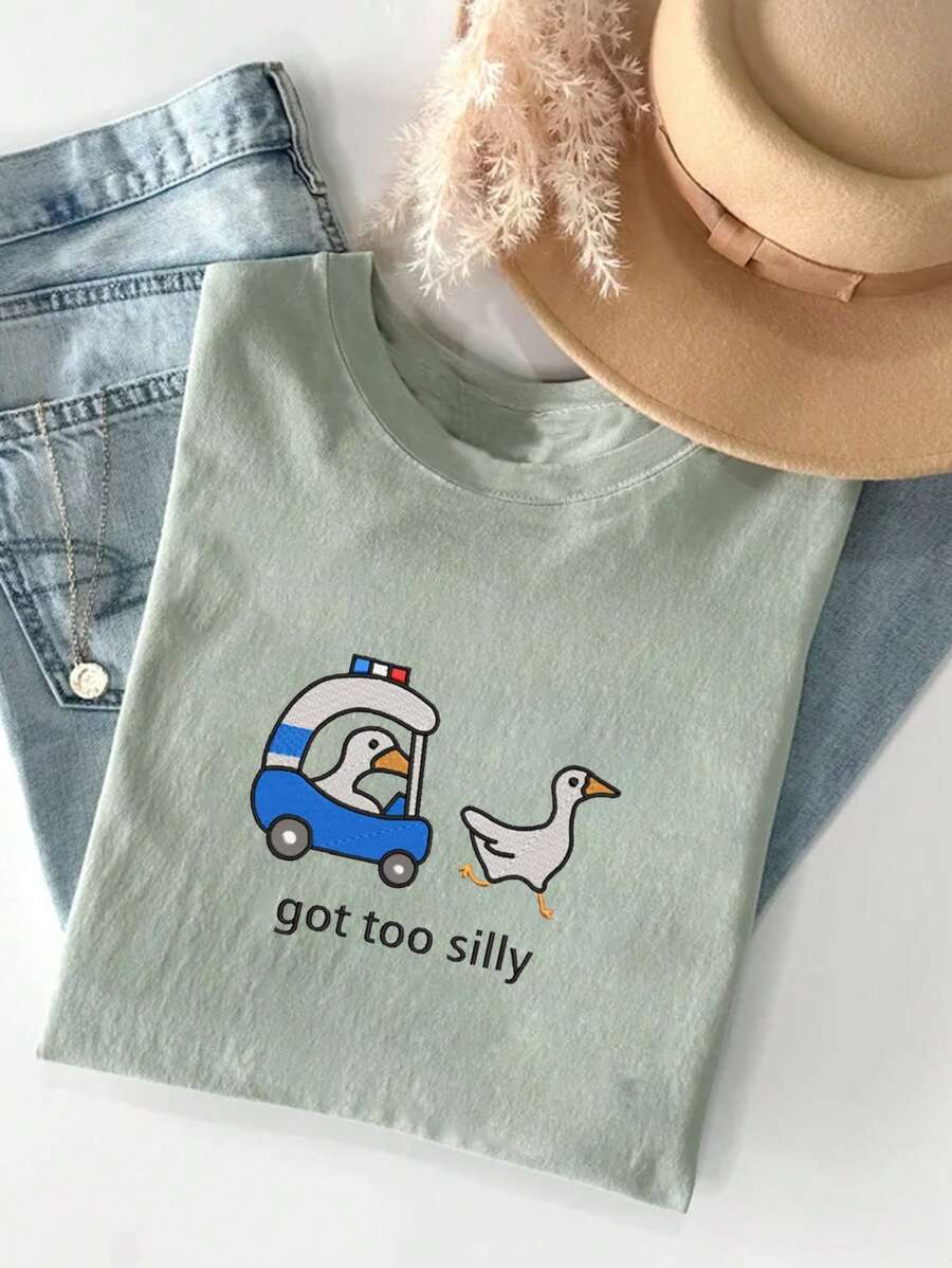 SHEIN EZwear Plus Size Women Funny Embroidered Silly Police Goose ...