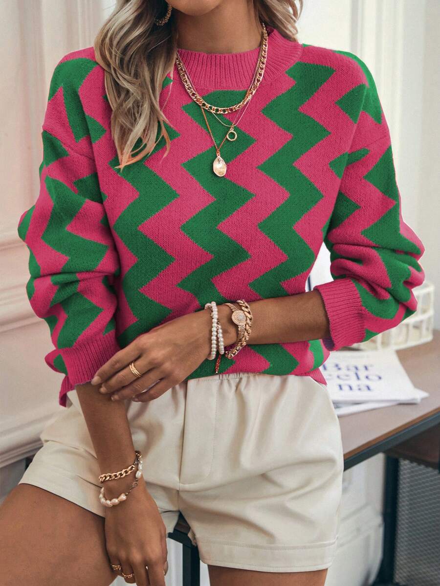 SHEIN LUNE Women's Casual Contrast Color Herringbone Knit Sweater ...