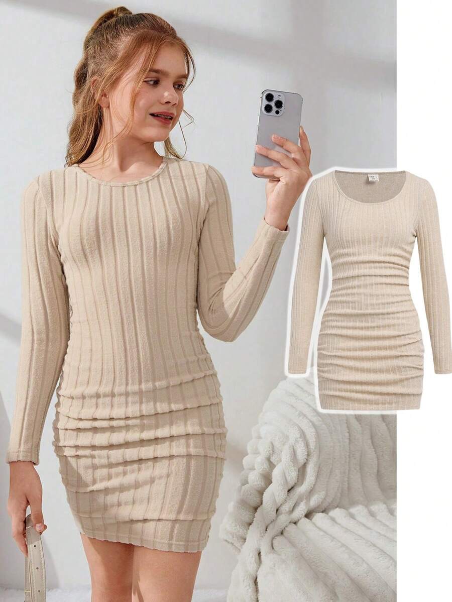 SHEIN Tween Girl Apricot Ruched Long Sleeve Casual Autumn/Winter Dress ...