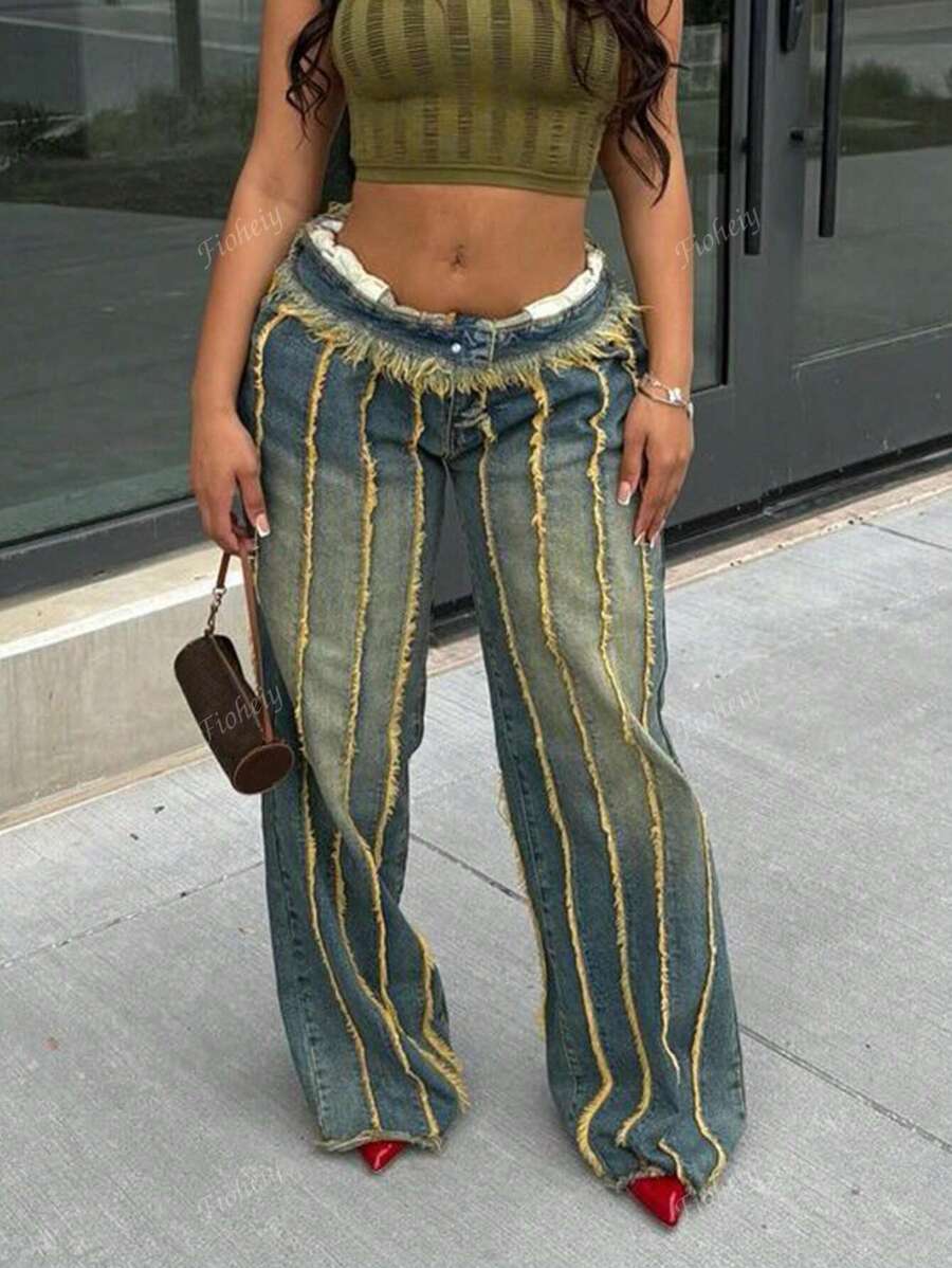 Y2K Vintage Washed Distressed Frayed Seam Trim Mid-Rise Waist Raw Edge ...