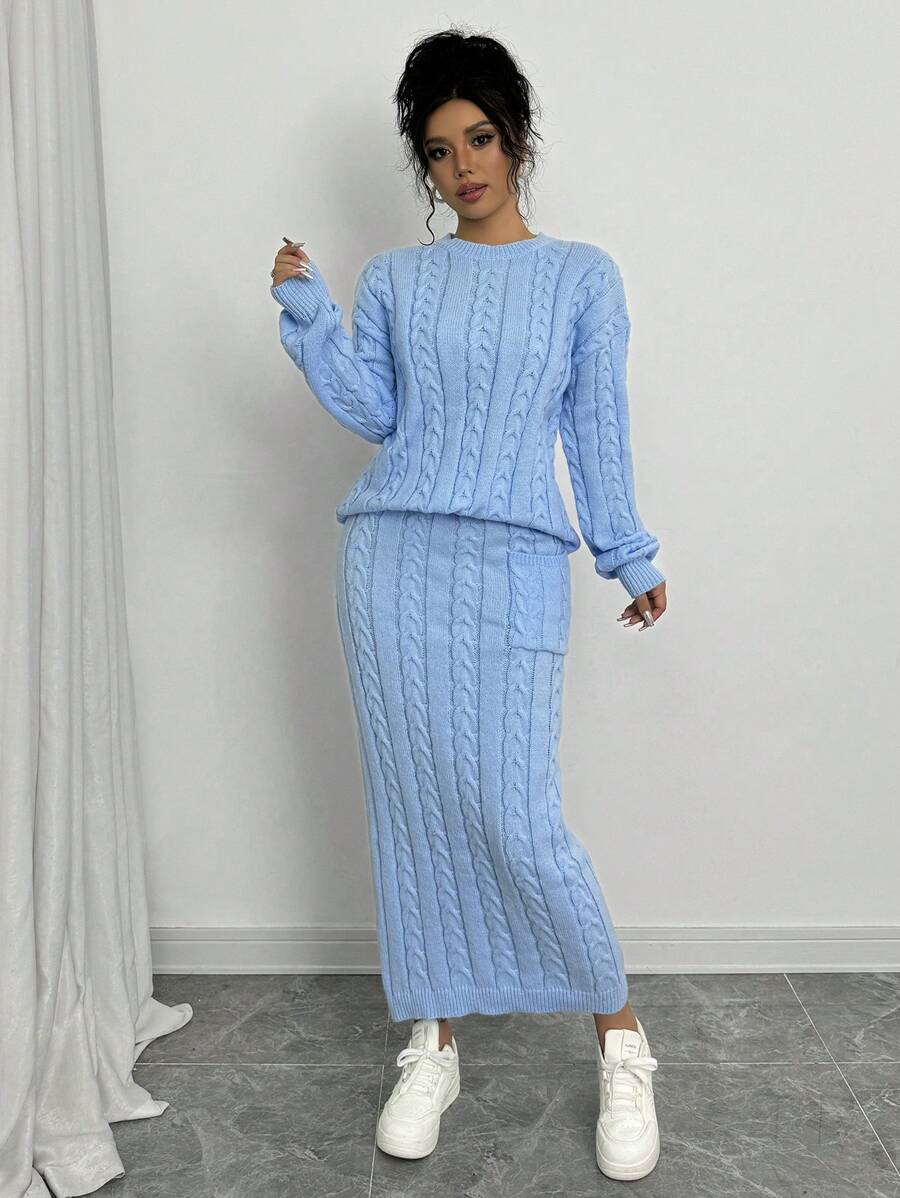 Calvaya Women 2pcs Set, Solid Color Crew Neck Long Sleeve Top & Pocket ...