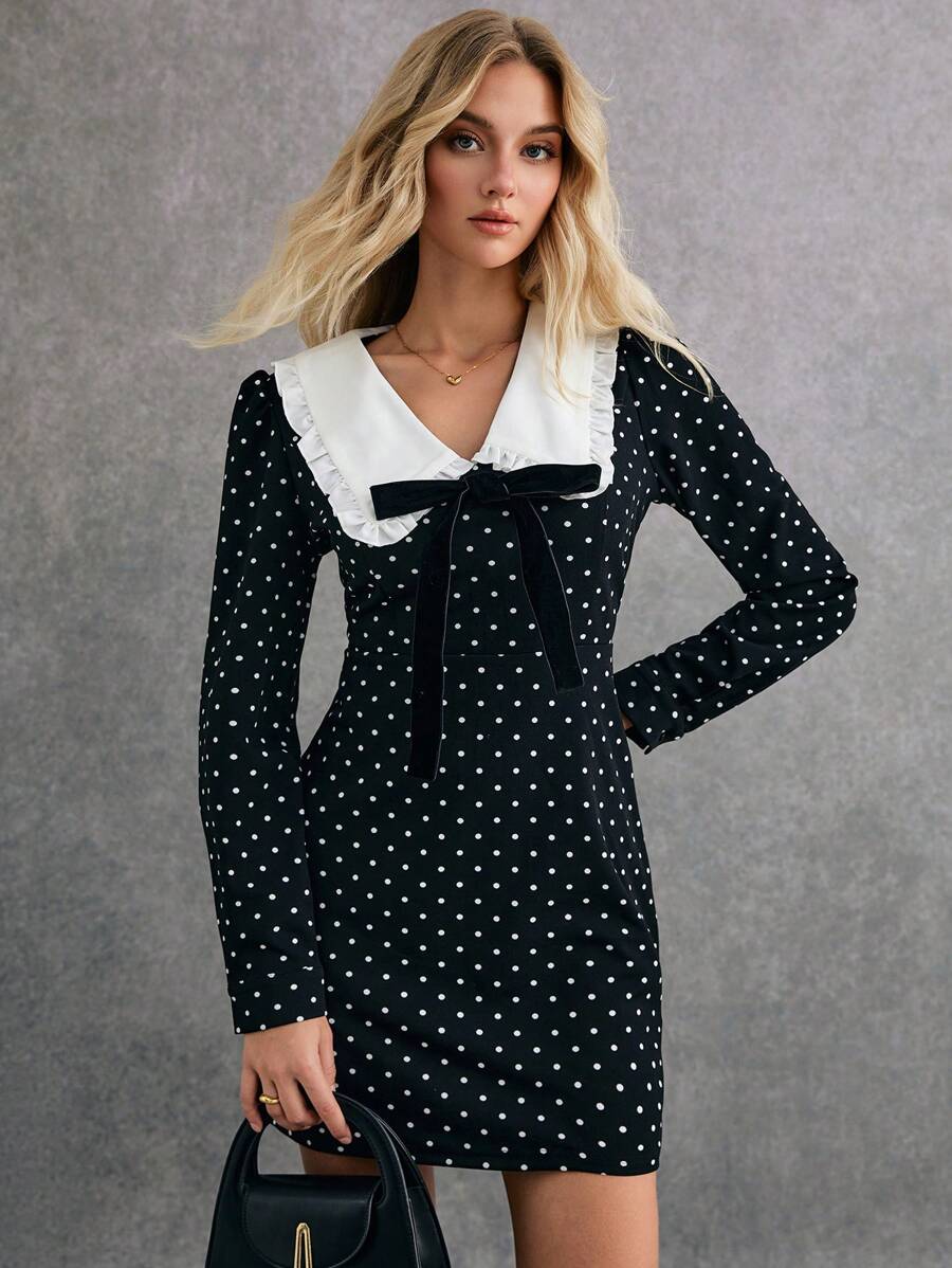 Poéselle Navy Blue Polka Dot Dress, Peter Pan Neck Dress, Vintage Dress ...