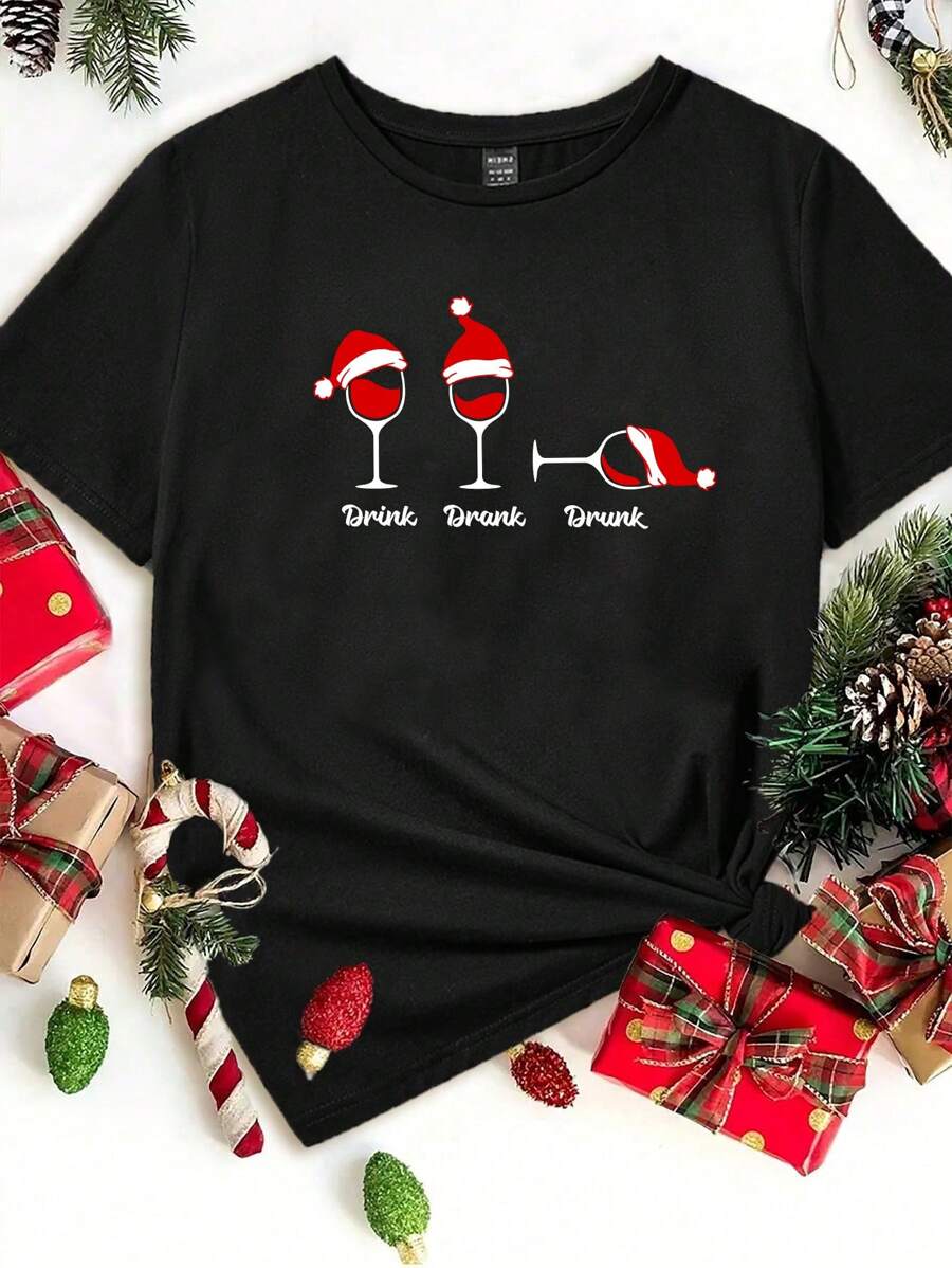 SHEIN LUNE Christmas Casual Wine Glass Graphic Loose Fit Round Neck ...