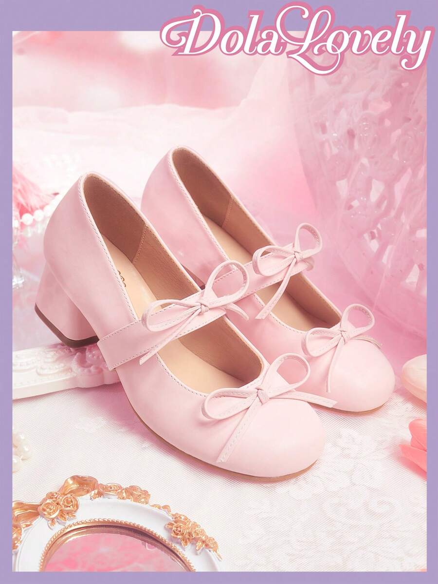 Dola Lovely Round Toe Low Vamp Bow Decor Chunky Heel Women High Heel ...