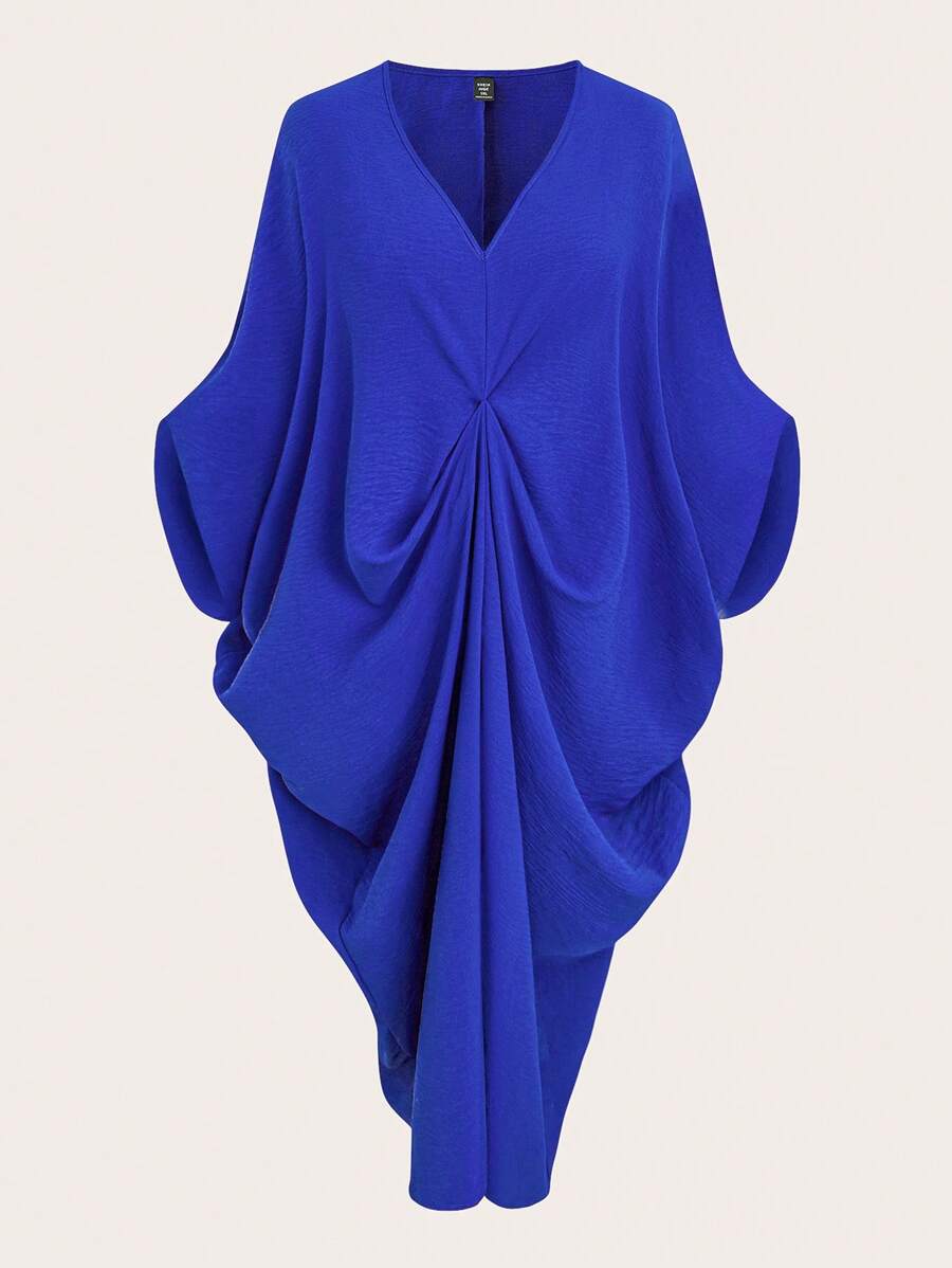 LONESS Plus Size Solid Color Batwing Sleeve Ruched Dress Maxi Women ...