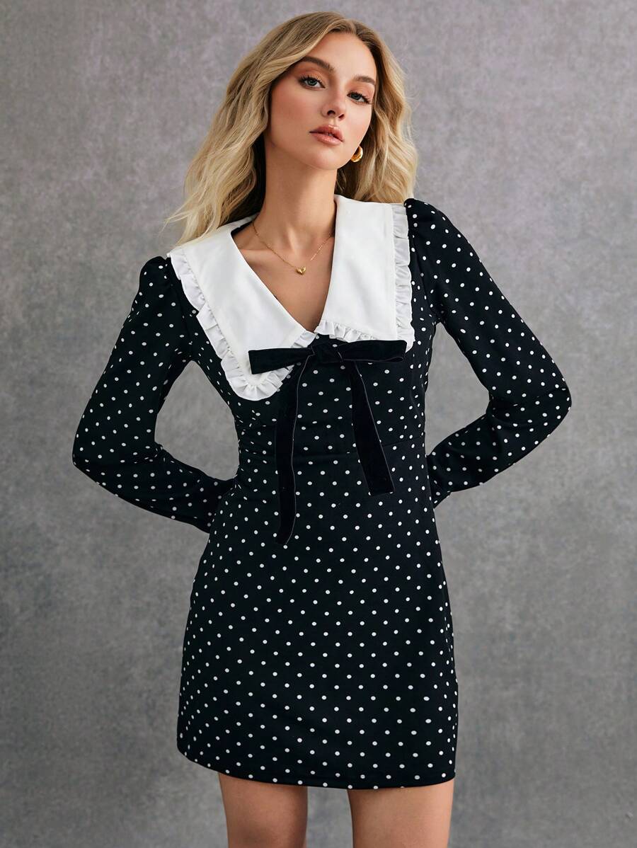 Poéselle Navy Blue Polka Dot Dress, Peter Pan Neck Dress, Vintage Dress ...