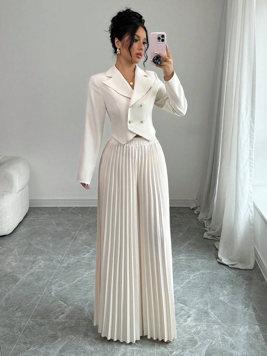 Elenzga 2pcs Set: Women Elegant Cinched Waist Double-Breasted Jacket And Wide-Leg Pleated Pants ...