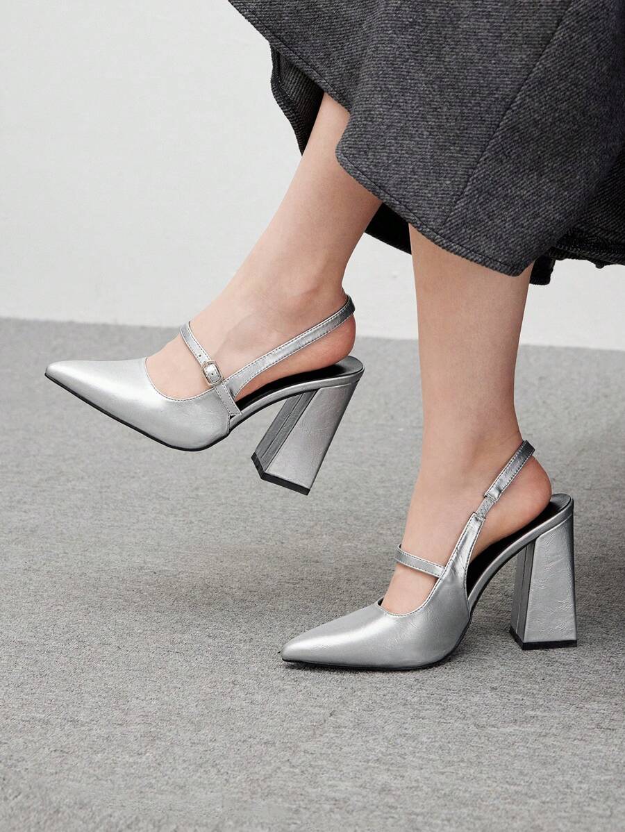 CUCCOO BIZCHIC Women Fashion Silver Chunky Heel Pointed Toe Strap Pumps ...