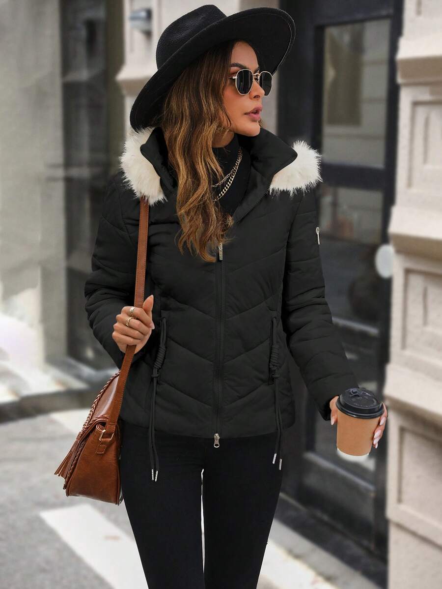 SHEIN Clasi Women Front Zipper Long Sleeve Pocket Minimalist Faux Fur ...