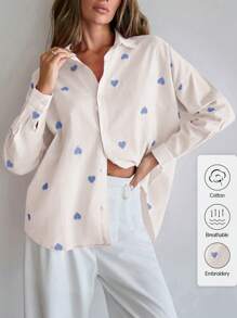 Cottnline 100% Cotton HEART PATTERN LONG SLEEVE SHIRT | SHEIN USA
