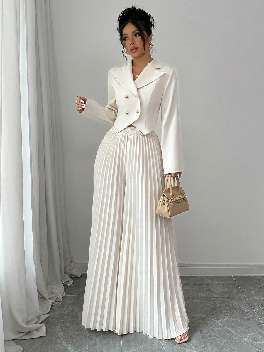 Elenzga 2pcs Set: Women Elegant Cinched Waist Double-Breasted Jacket And Wide-Leg Pleated Pants ...