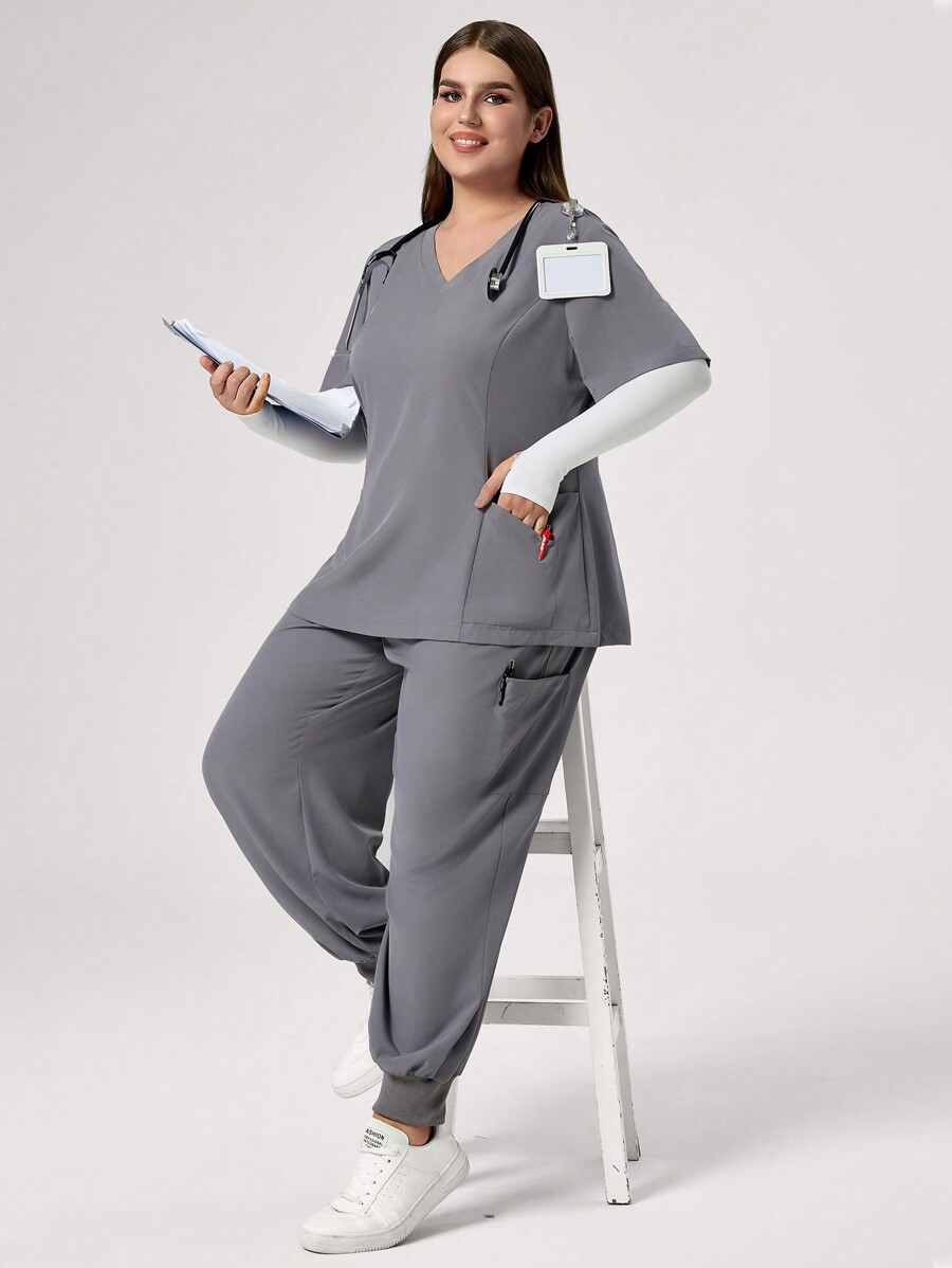 SHEIN TaskFit Plus Size Solid Color Short Sleeve Shirt And Pants ...