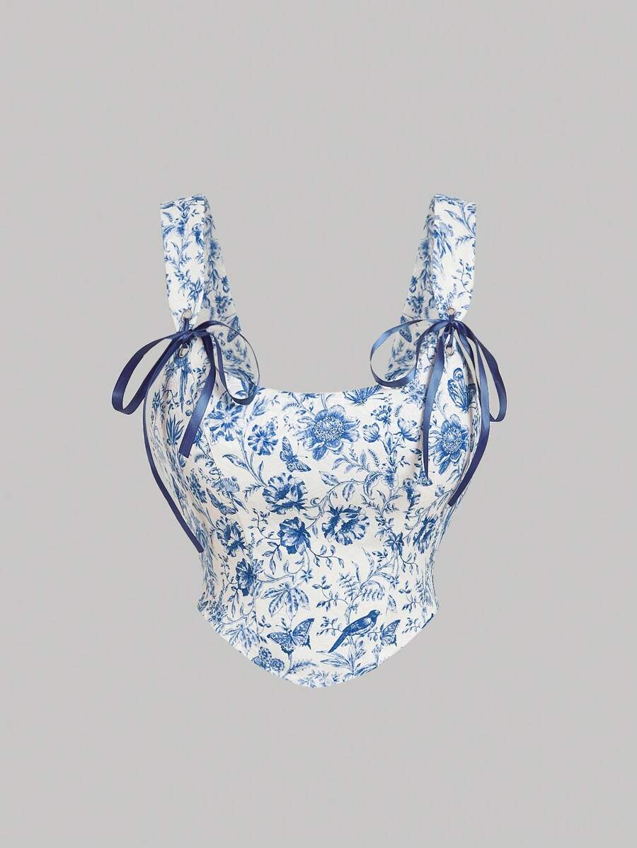 SHEIN MOD Regata Ajustada Retrô Azul e Branca Estampada, Top de Corpete ...