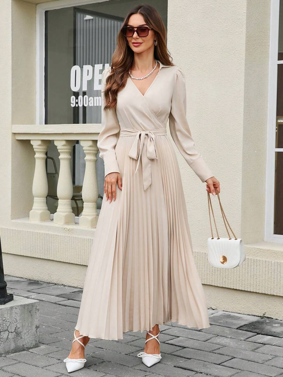 SHEIN Clasi Women's Elegant Solid Color Regular Sleeve V-Neck Pleated ...
