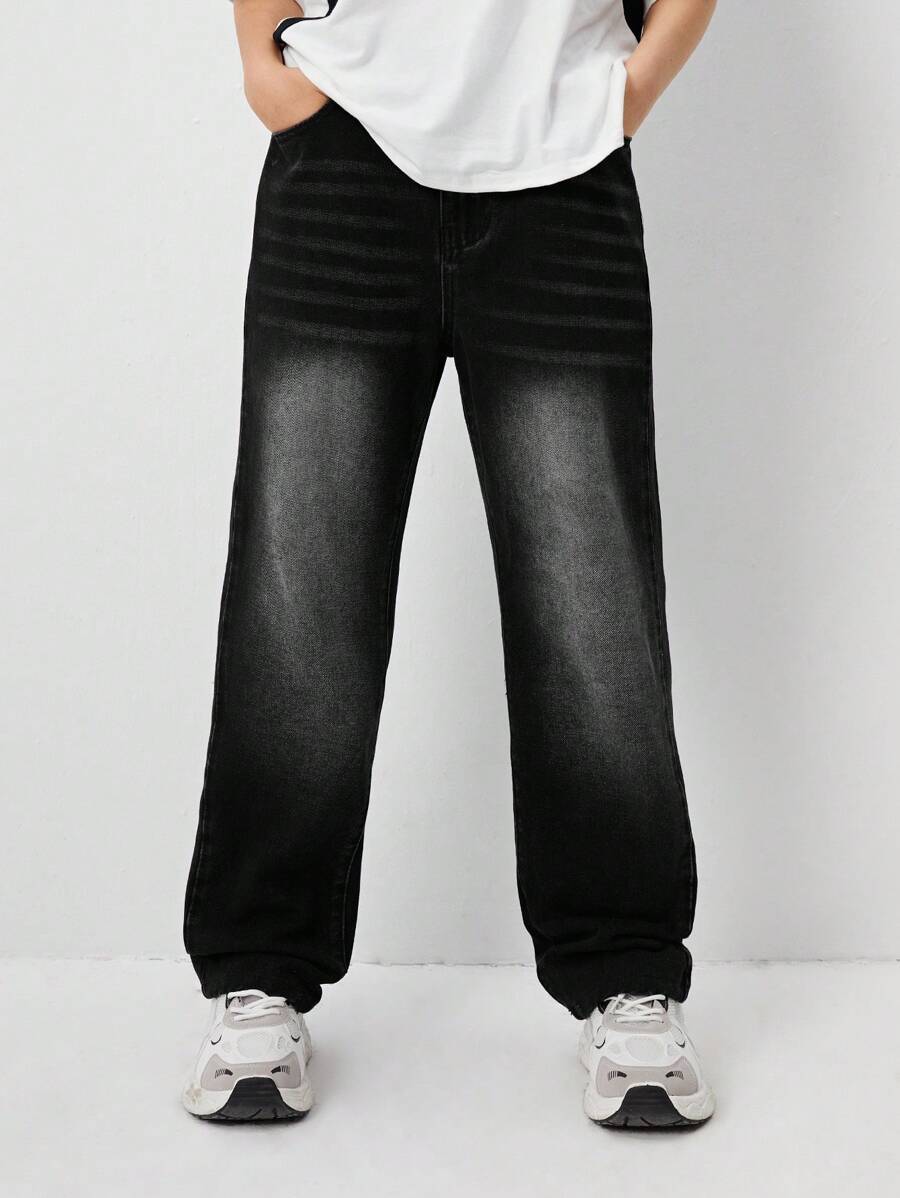 Jeans larges en denim noir délavé avec coupe ample pour garçons ...