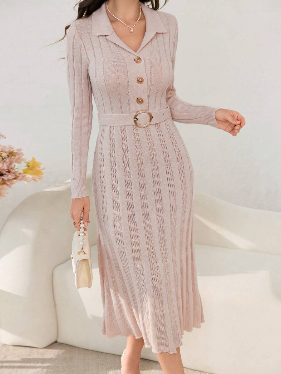 Modelyn Damen Lässig lang Strickkleid mit Knopfleiste und Langarm ...