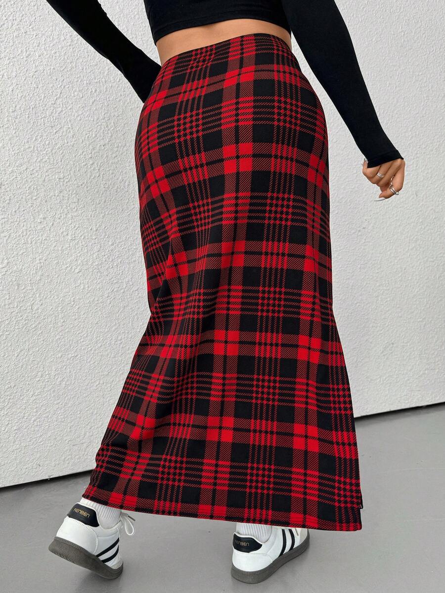 Shein Ezwear Plus Size Women Winter Slit Plaid Fishtail Hem Elegant A