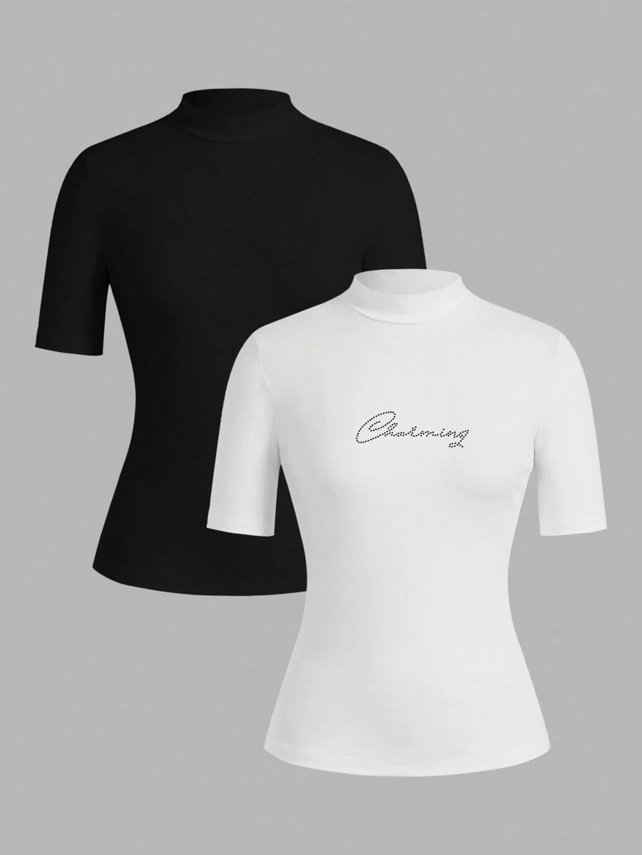 SHEIN EZwear 2pcs Women's Summer Crystal English Graphic Mock Neck ...