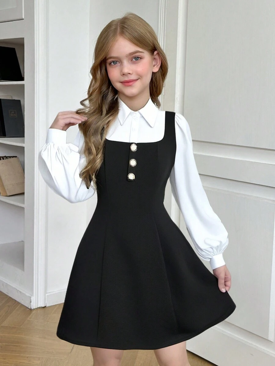 SHEIN Tween Girls Elegant Black White Color Block Turndown Collar ...
