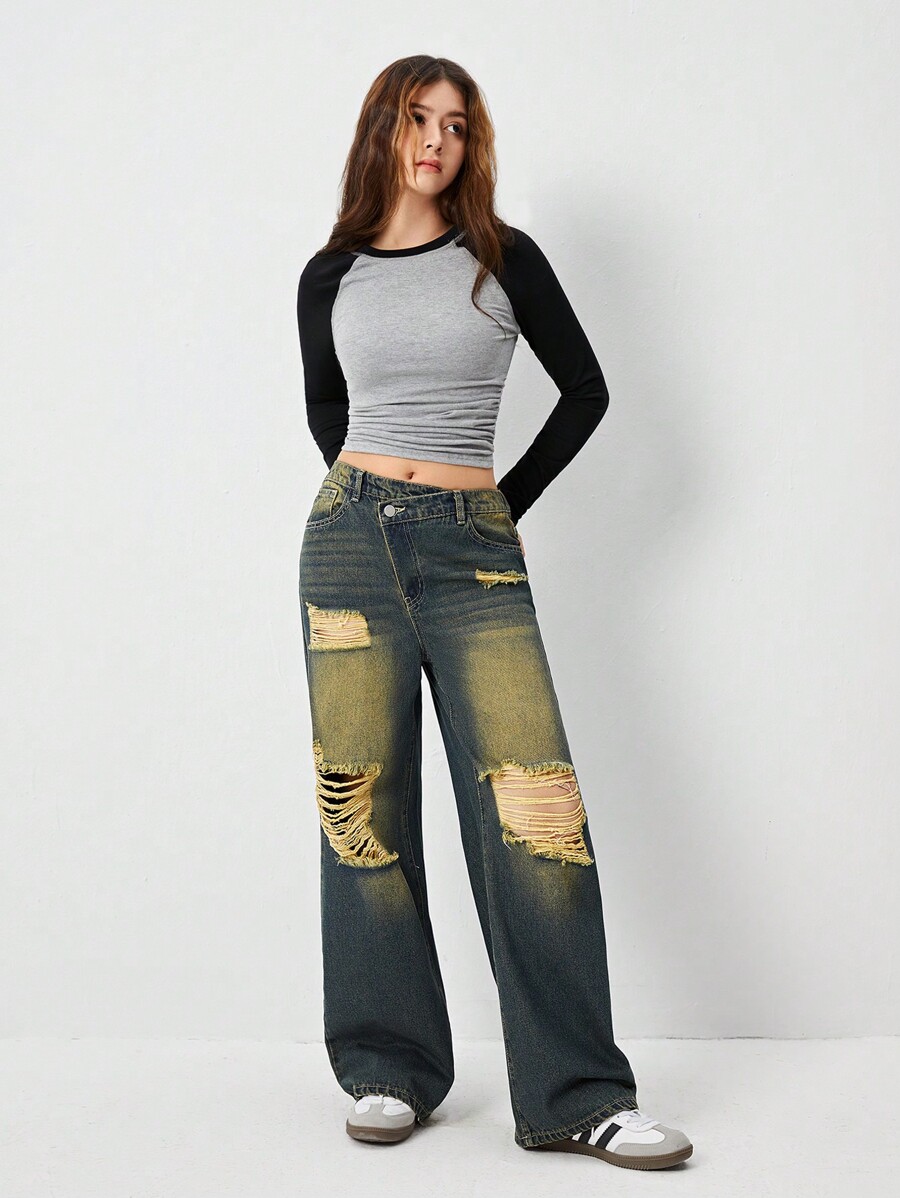 Y2K Fashion Popular Heavy Wash Retro Asymmetrical Waistband Extended Loose Flared Leg Jeans For ...