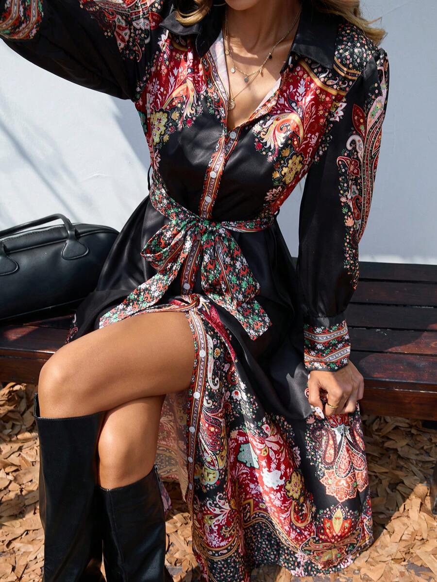 Aveloria Positioned Print Front Button Tie Waist High Slit Long Sleeve ...