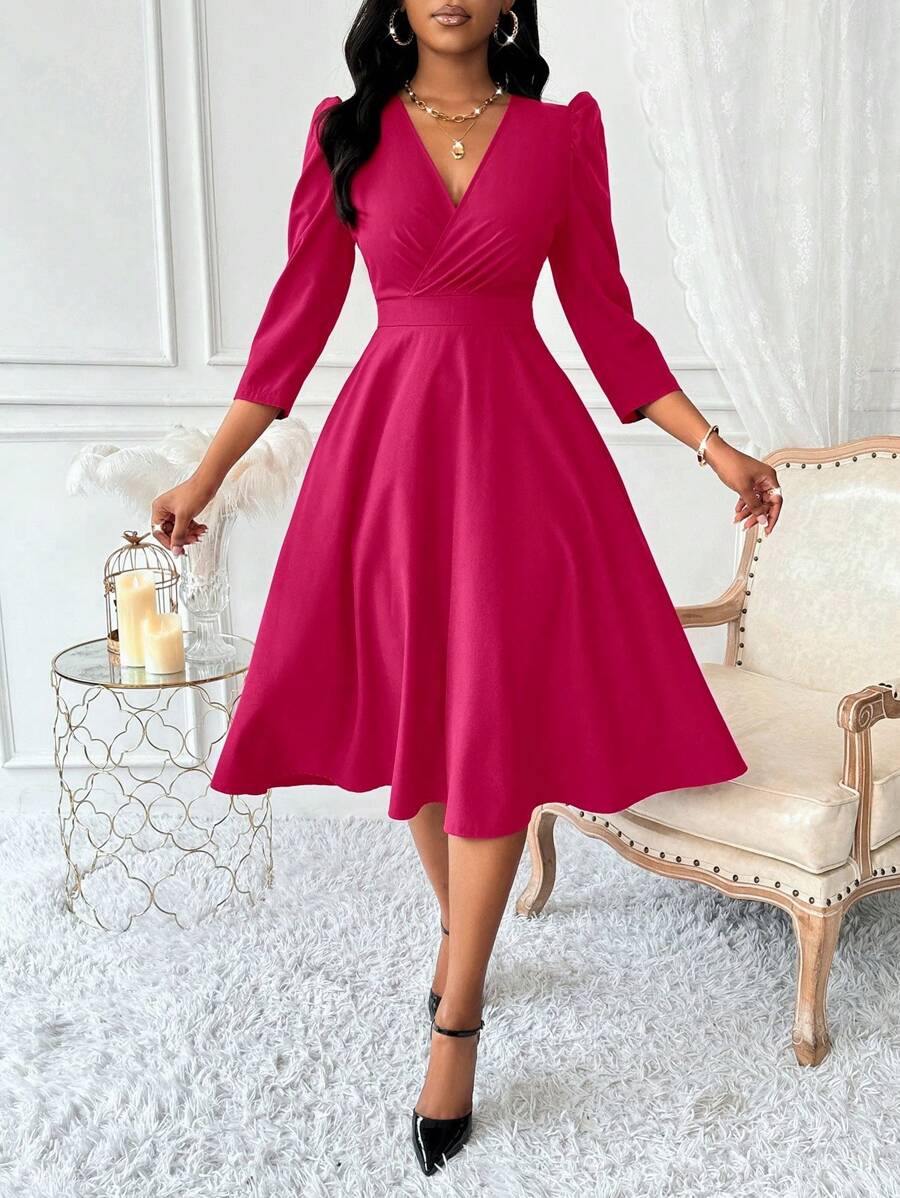 Lyxana V-Neck Waist-Cinched 3/4 Puff Sleeve A-Line Women Dress Maxi Women Outfit | SHEIN USA