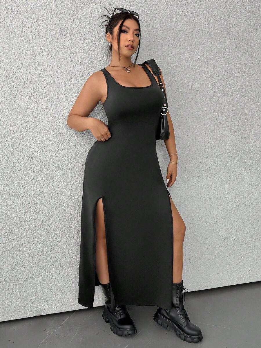 SHEIN EZwear Plus Size Solid Color Sleeveless Simple Split Dress, Casual For Everyday Wear ...