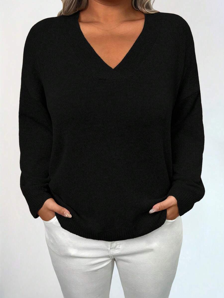 Plus Size Casual Solid Color V Neck Dropped Shoulder Loose Knit Sweater, Autumn/Winter Knit ...