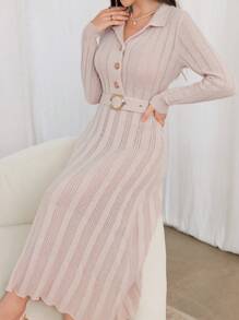 Modelyn Damen Lässig lang Strickkleid mit Knopfleiste und Langarm ...