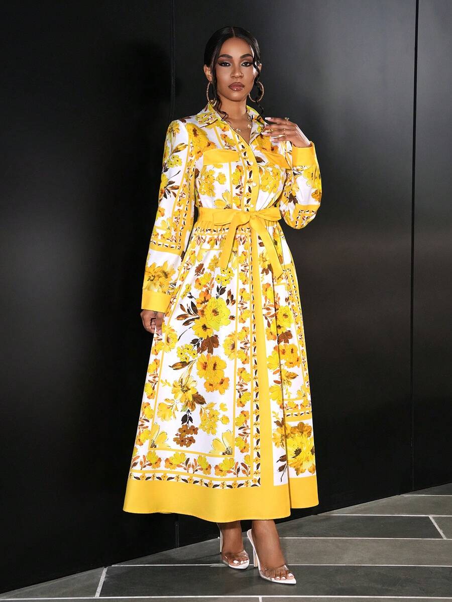 Slaydiva New Elegant Retro Lapel Long Sleeve A-Pulse Long Dress Fake ...