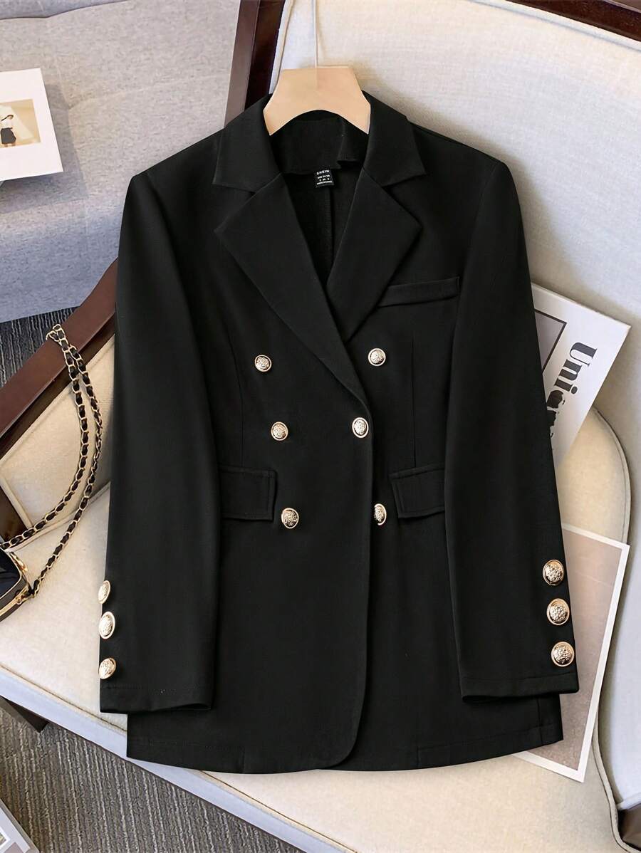 SHEIN Clasi Women Classic Solid Elegant Gold Button Office Work Blazer ...
